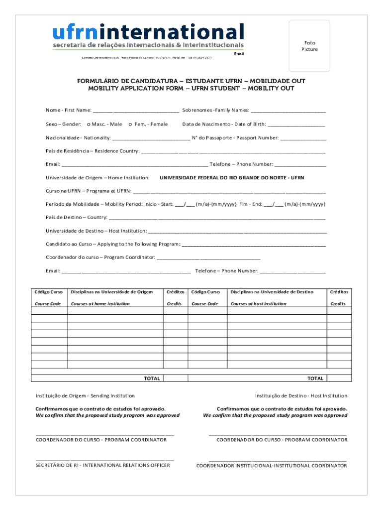 Fillable Online arquivos info ufrn FORMULRIO DE CANDIDATURA ESTUDANTE UFRN MOBILIDADE OUT ...