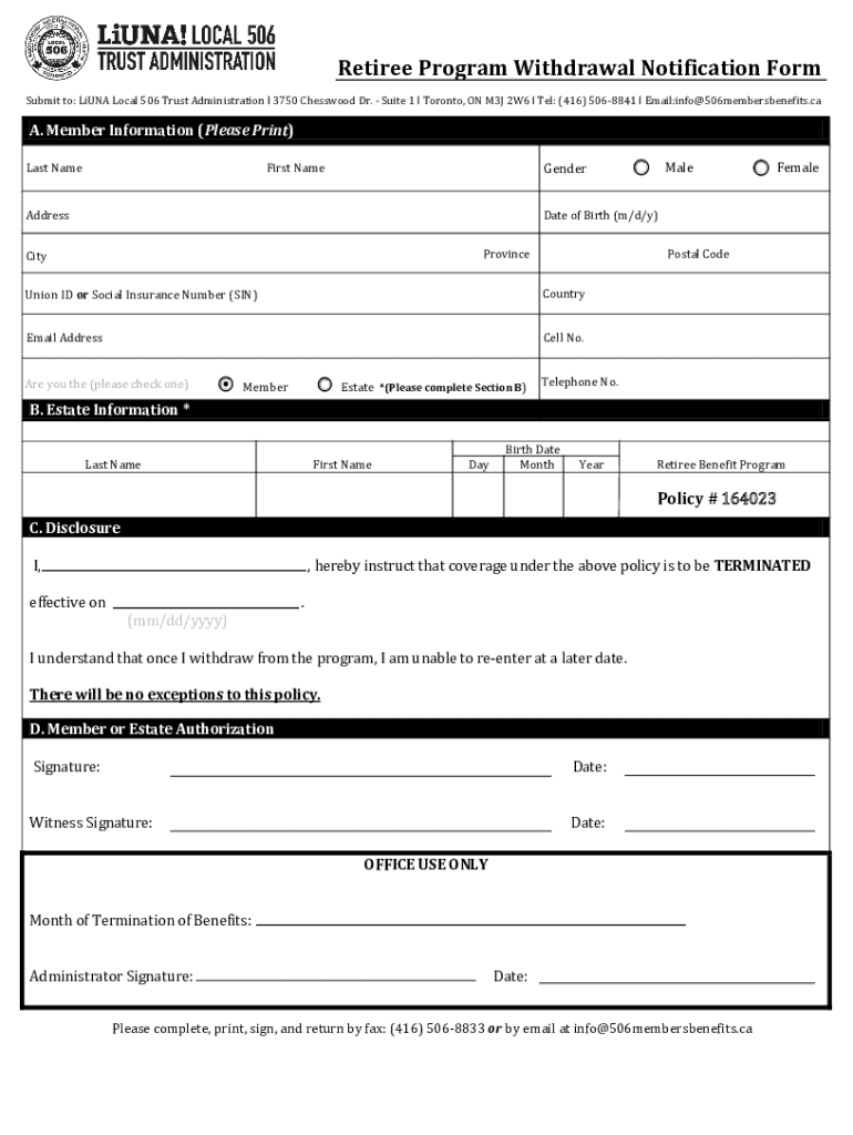 Fillable Online Retiree Program Withdrawal Notification Form Fax Email ...