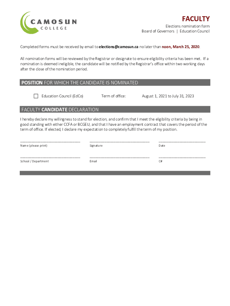 Fillable Online POSITION FOR WHICH THE CANDIDATE IS ... - Camosun ...