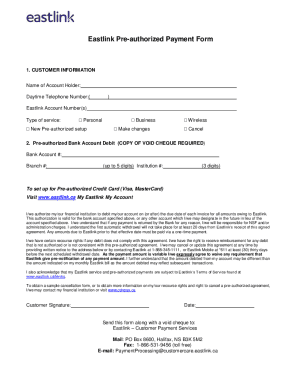 Fillable Online my eastlink Pre-Authorized Payment Authorization ...