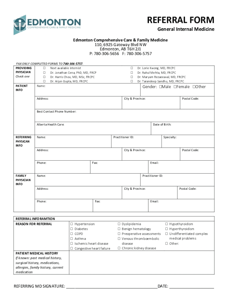 Fillable Online Internal Medicine Referral Form - Canadian Cancer Care ...