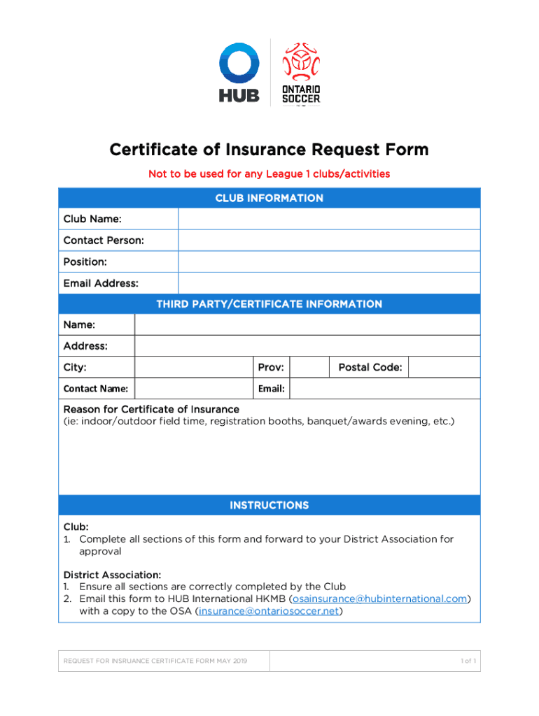 Fillable Online Certificate of Insurance Request Form - SportsEngine ...