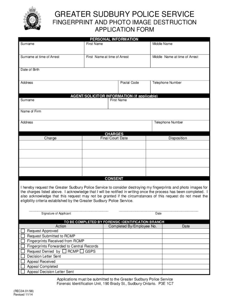 Fillable Online Police Record Checks - Greater Sudbury Police Service ...