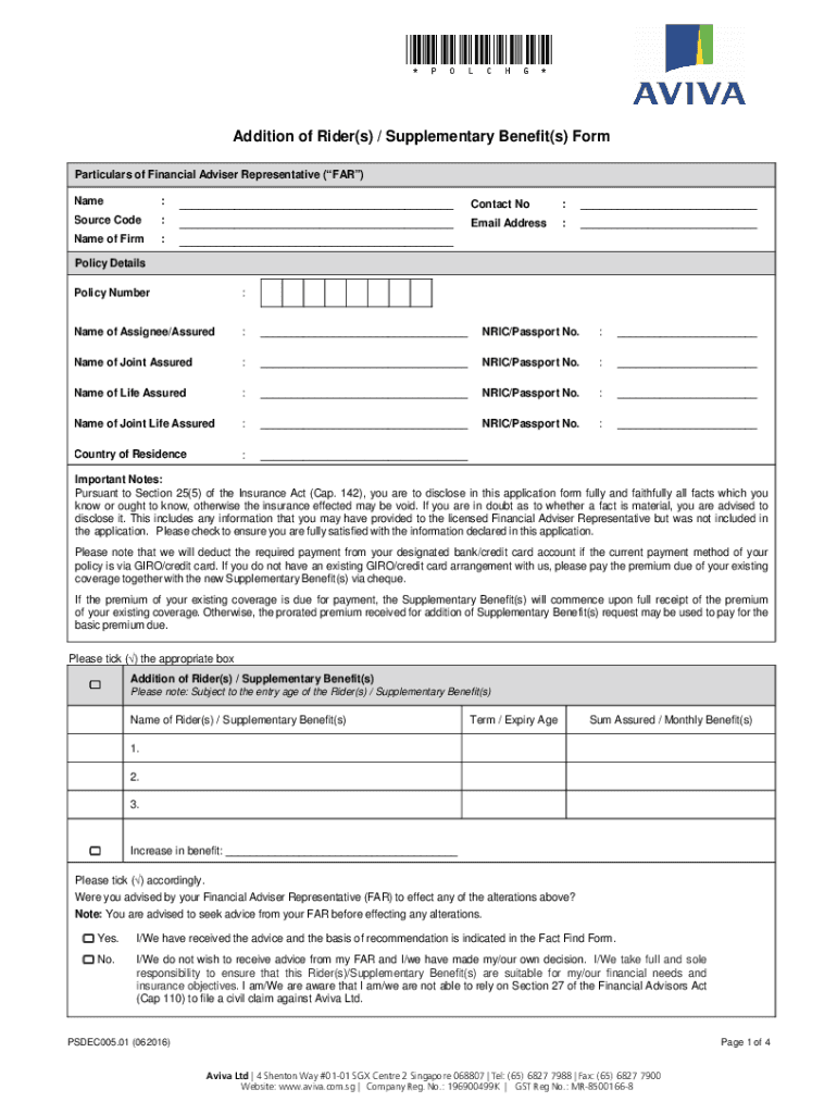 Fillable Online Addition of Rider Form02Jun16 Fax Email Print - pdfFiller