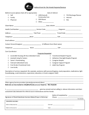 Fillable Online Referral form for The Friends Programs/Services Self ...