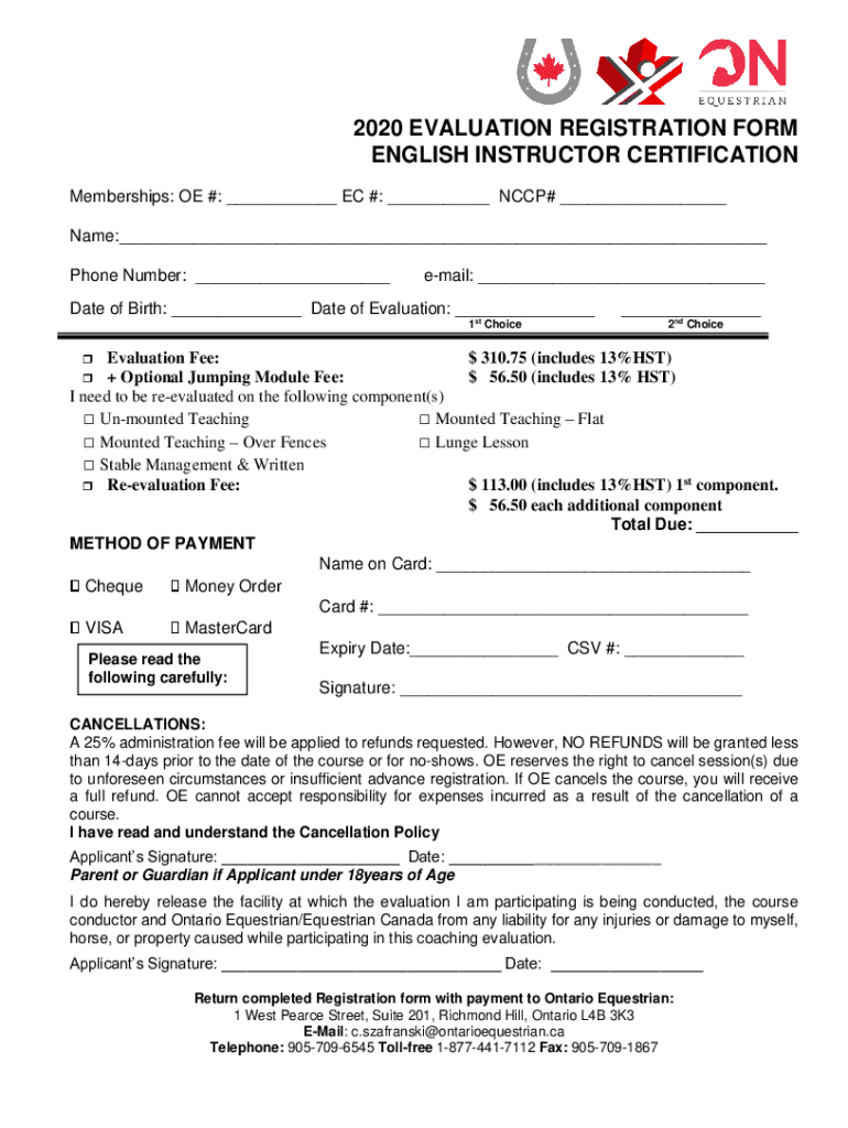 Fillable Online 2020 EVALUATION REGISTRATION FORM ENGLISH INSTRUCTOR ...
