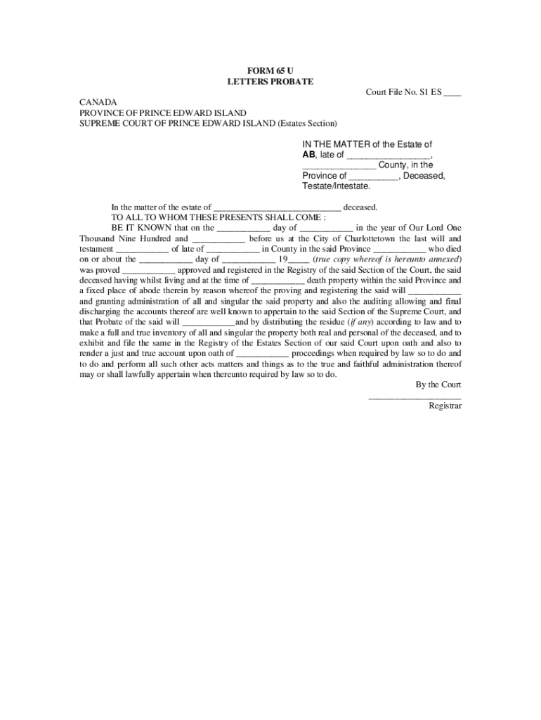 Fillable Online FORM 65 Y CERTIFICATE OF LETTERS PROBATE Court File No. S1 ... Fax Email Print ...
