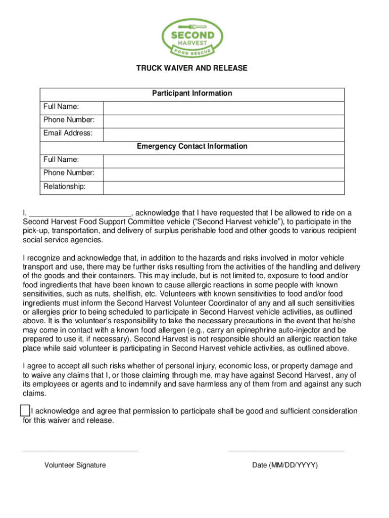 Fillable Online TRUCK WAIVER AND RELEASE Participant Information ...