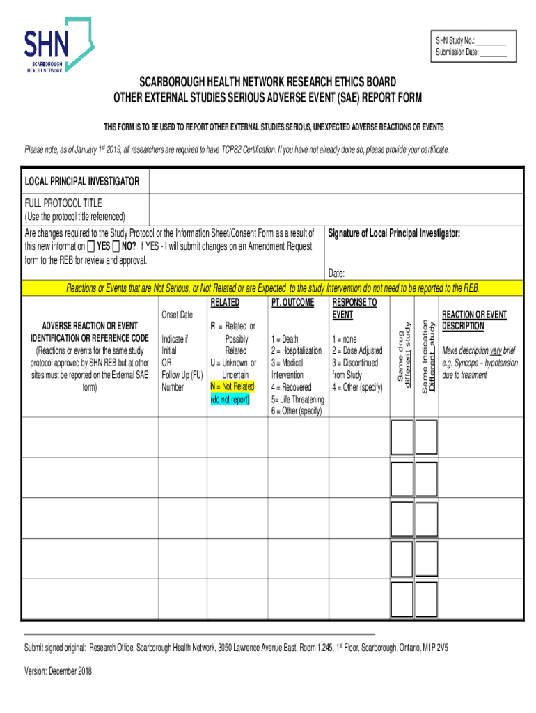 Fillable Online external SAE form - Scarborough Health Network Fax ...