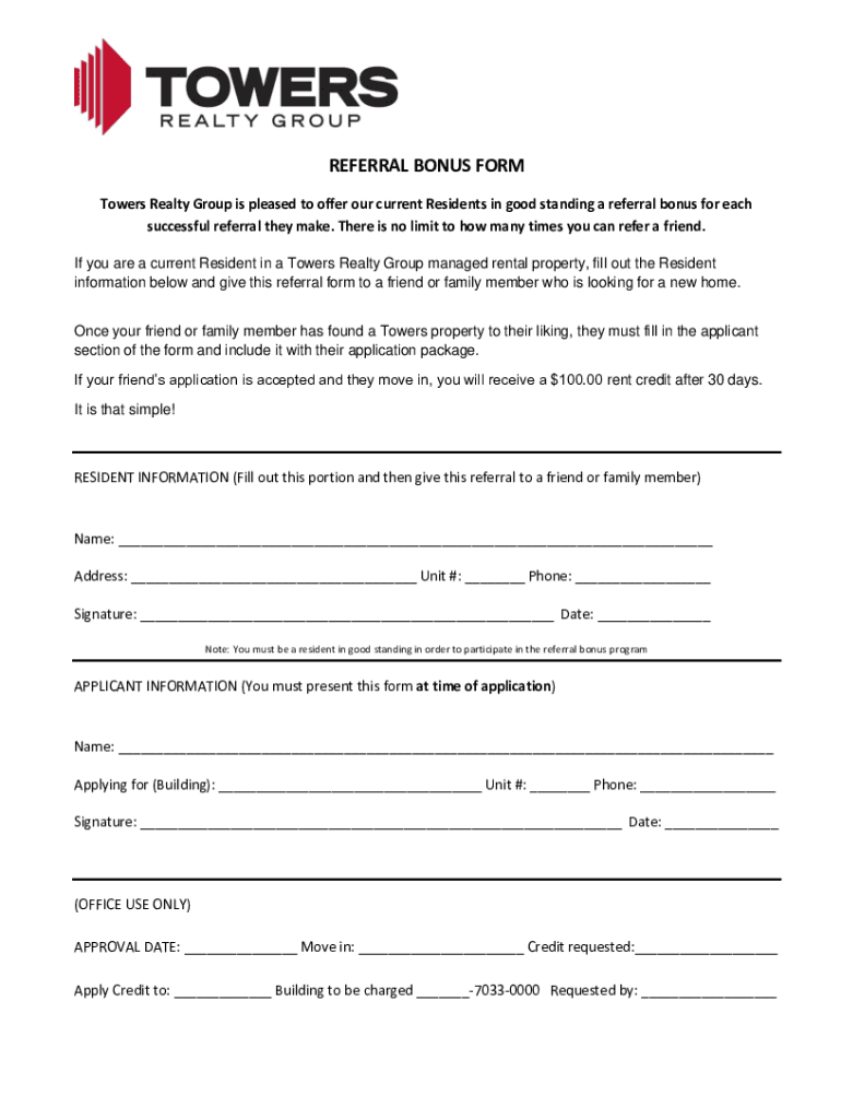 Fillable Online REFERRAL BONUS FORM - towersrealty.ca Fax Email Print ...