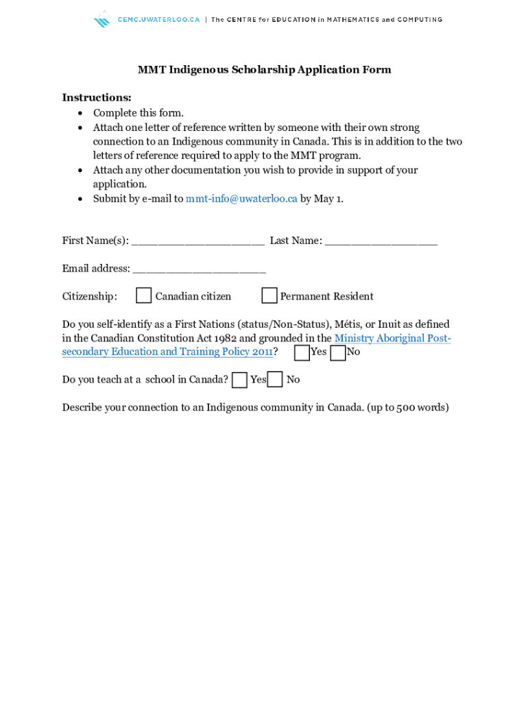Fillable Online MMT Indigenous Scholarship Application Form ...