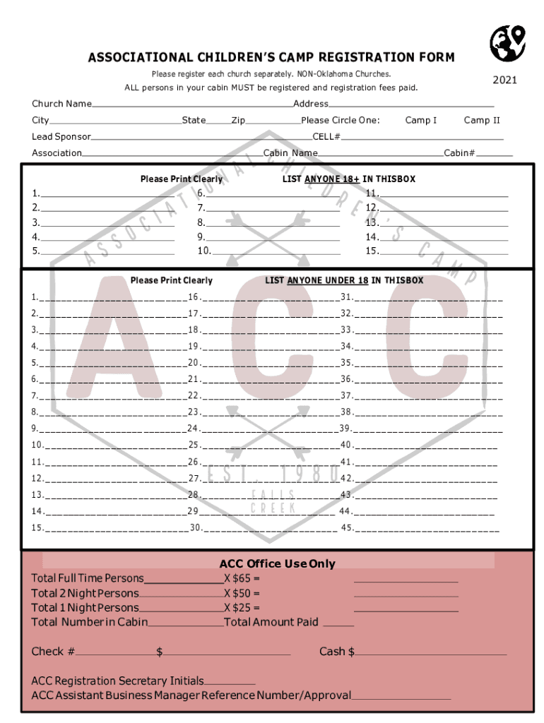 Fillable Online ASSOCIATIONAL CHILDREN'S CAMP REGISTRATION FORM Fax ...