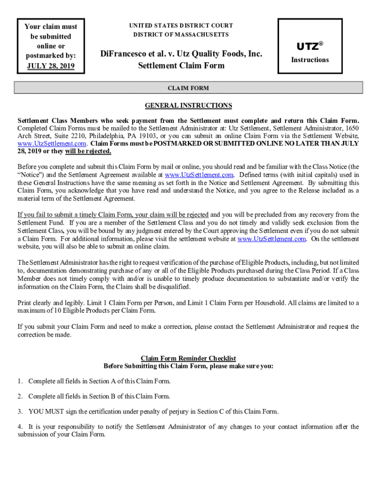 Fillable Online Utz Claim Form3.14.2019.docx Fax Email Print - pdfFiller