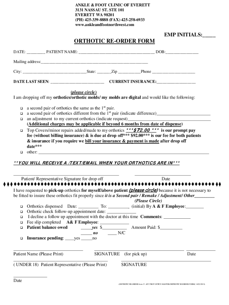 Fillable Online ORTHOTIC RE-ORDER FORM Fax Email Print - pdfFiller