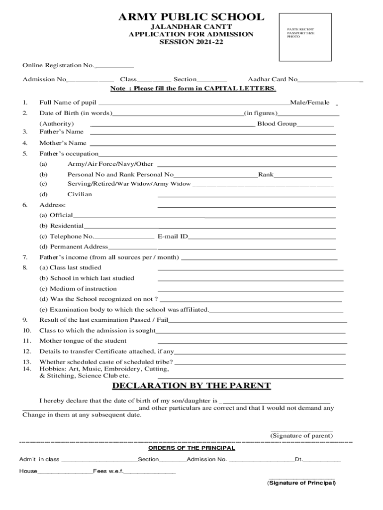 Fillable Online ARMY PUBLIC SCHOOL - APS Jalandhar Fax Email Print ...