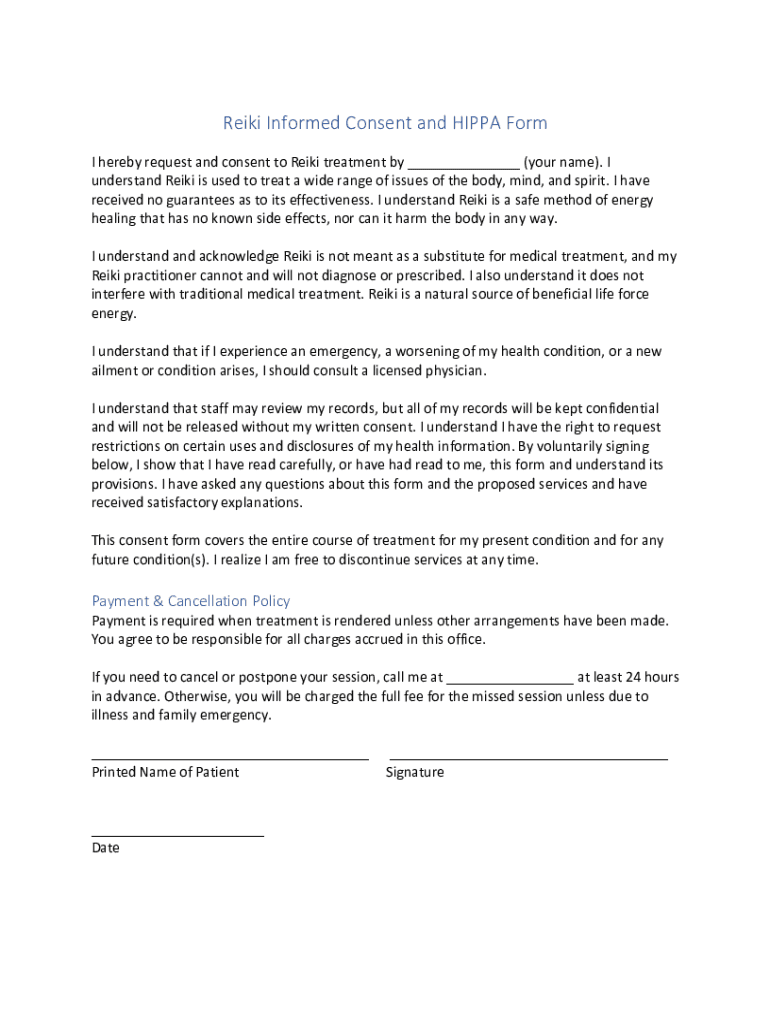 Fillable Online Reiki Client Information FormWaiver and Release from ...