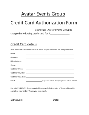 Fillable Online Avatar Events Group Credit Card Authorization Form Fax ...