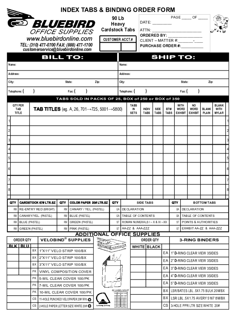 Fillable Online INDEX TABS & BINDING ORDER FORM Fax Email Print - pdfFiller