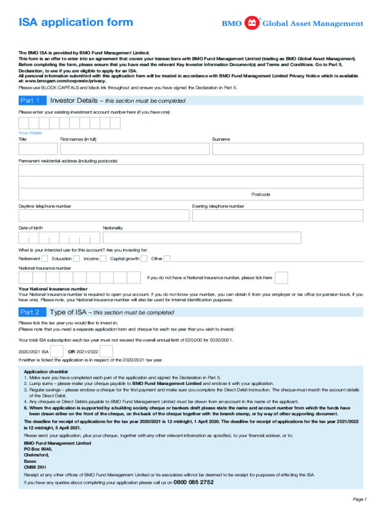 Fillable Online BMO Individual Savings Account (ISA) - BMO GAM Fax ...