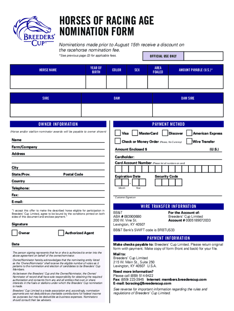 Fillable Online Horses of Racing Age Nomination Program - Breeders' Cup ...