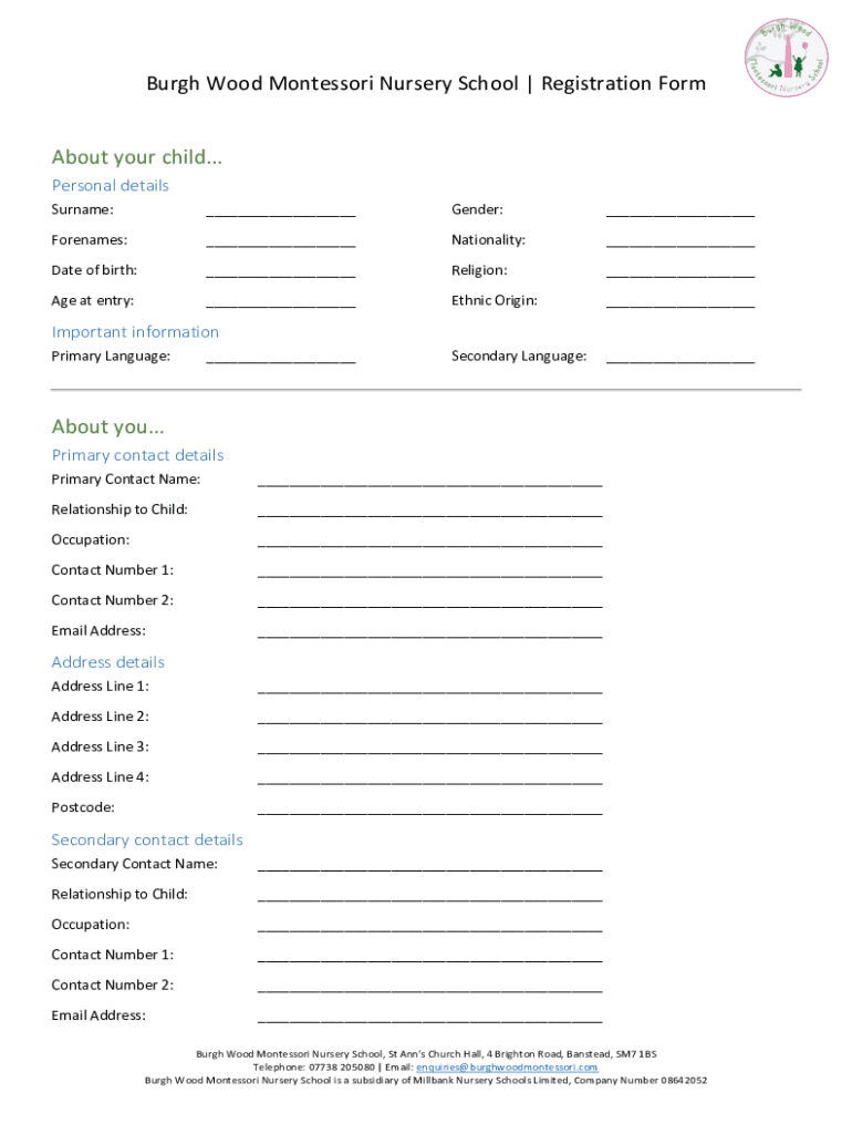 Fillable Online Burgh Wood Montessori Nursery School Registration Form ...