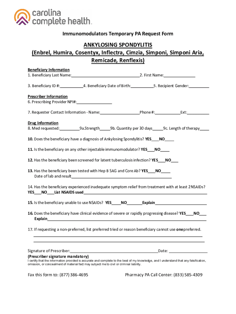 Fillable Online CCHE - Immunomodulators Temporary PA Request Form ...