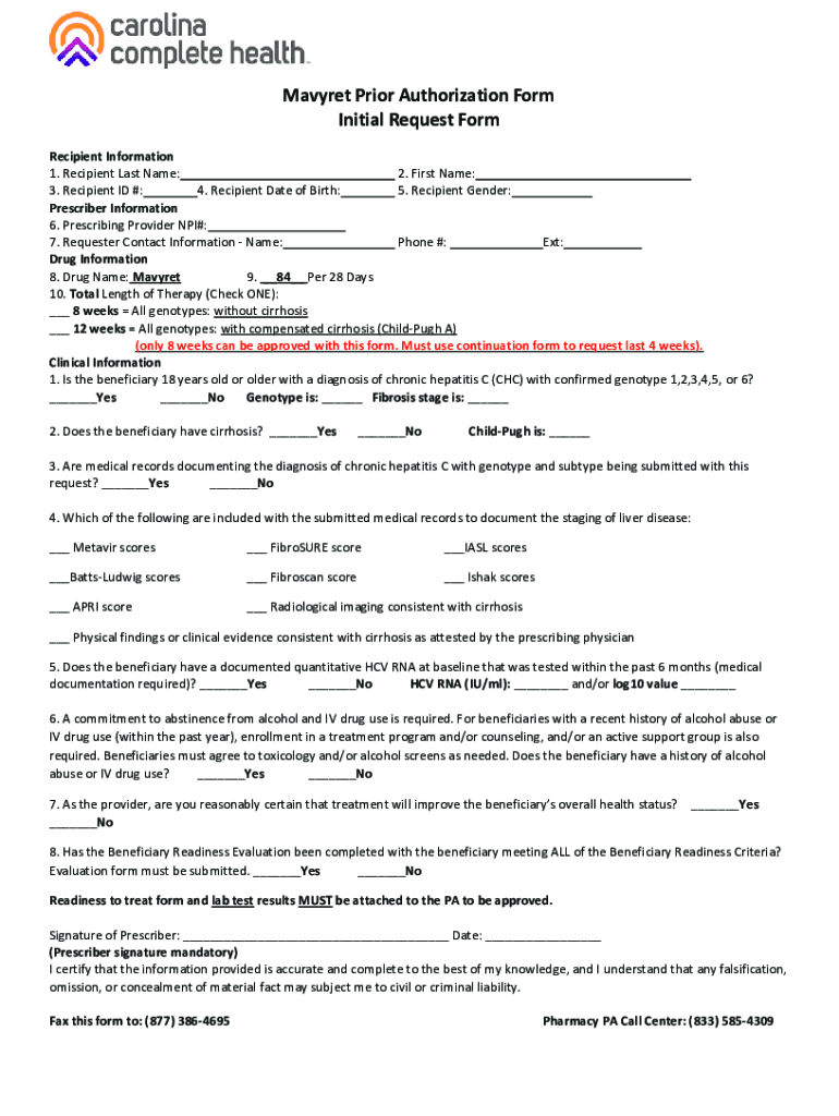 Fillable Online CCHE - Mavyret Prior Authorization Form / Initial ...