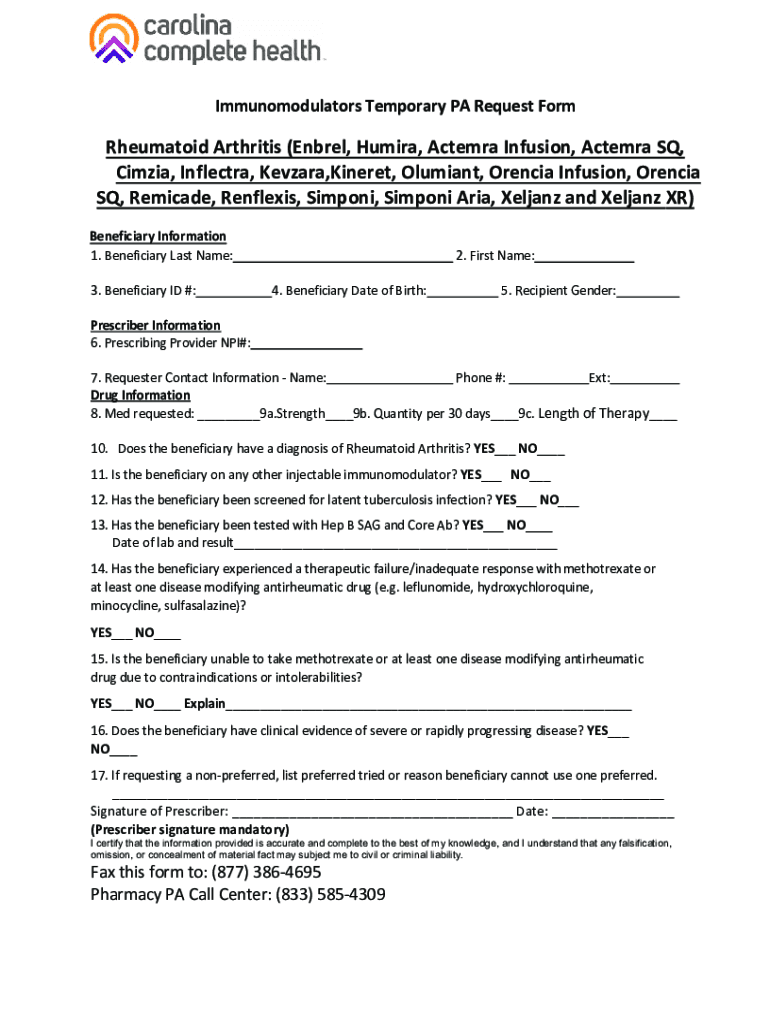 Fillable Online CCHE - Immunomodulators Temporary PA Request Form ...