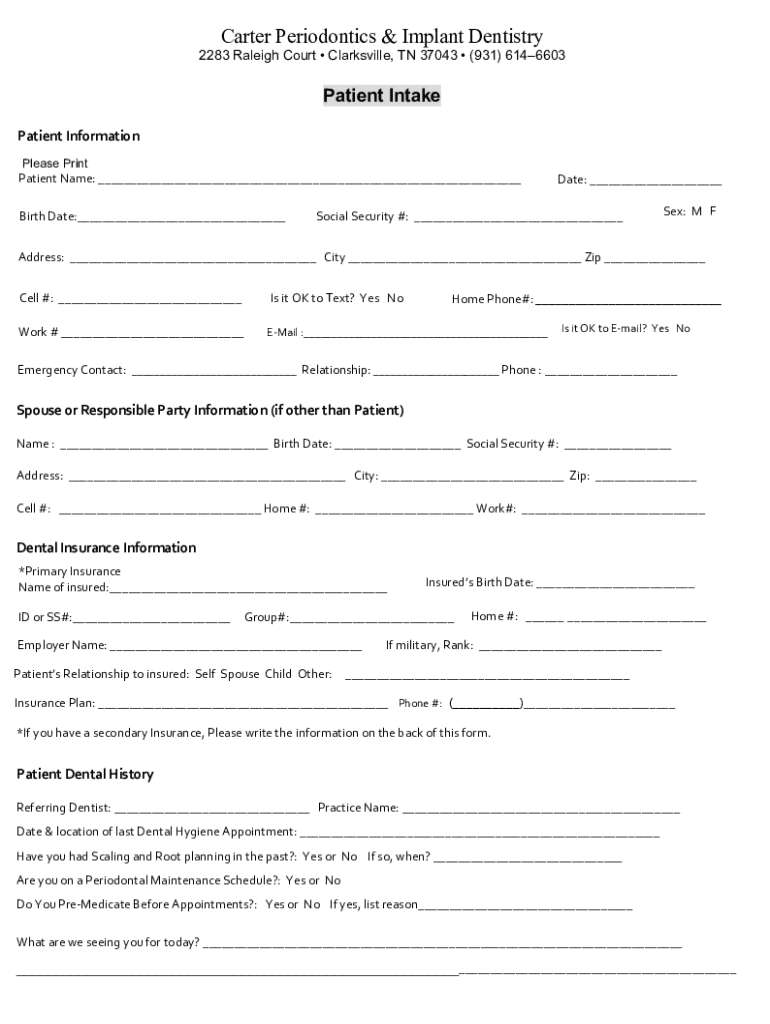 Fillable Online Patient Form Intake - Carter Periodontics & Implant ...