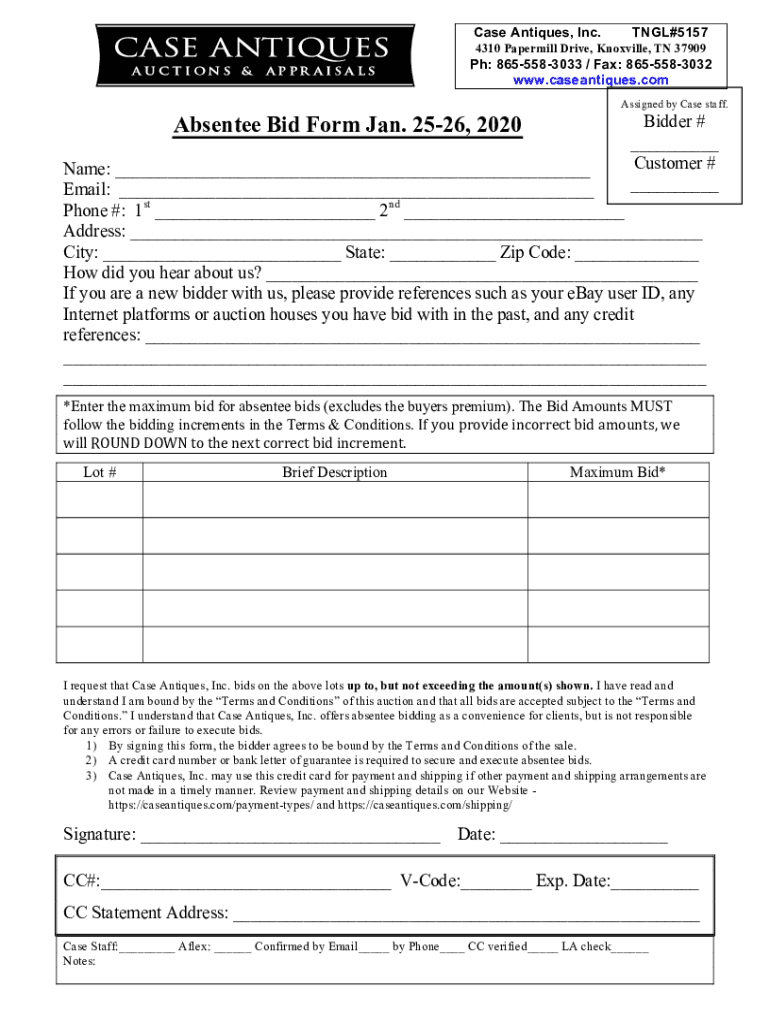 Fillable Online Instructions for the Absentee Bid formr092118 Fax Email ...