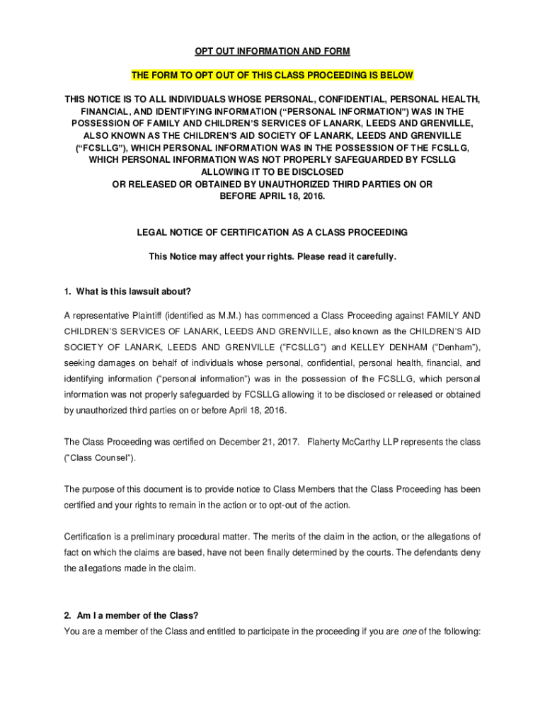Fillable Online Sample Opt Out Notice - Gordon Legal: It's Personal Fax ...