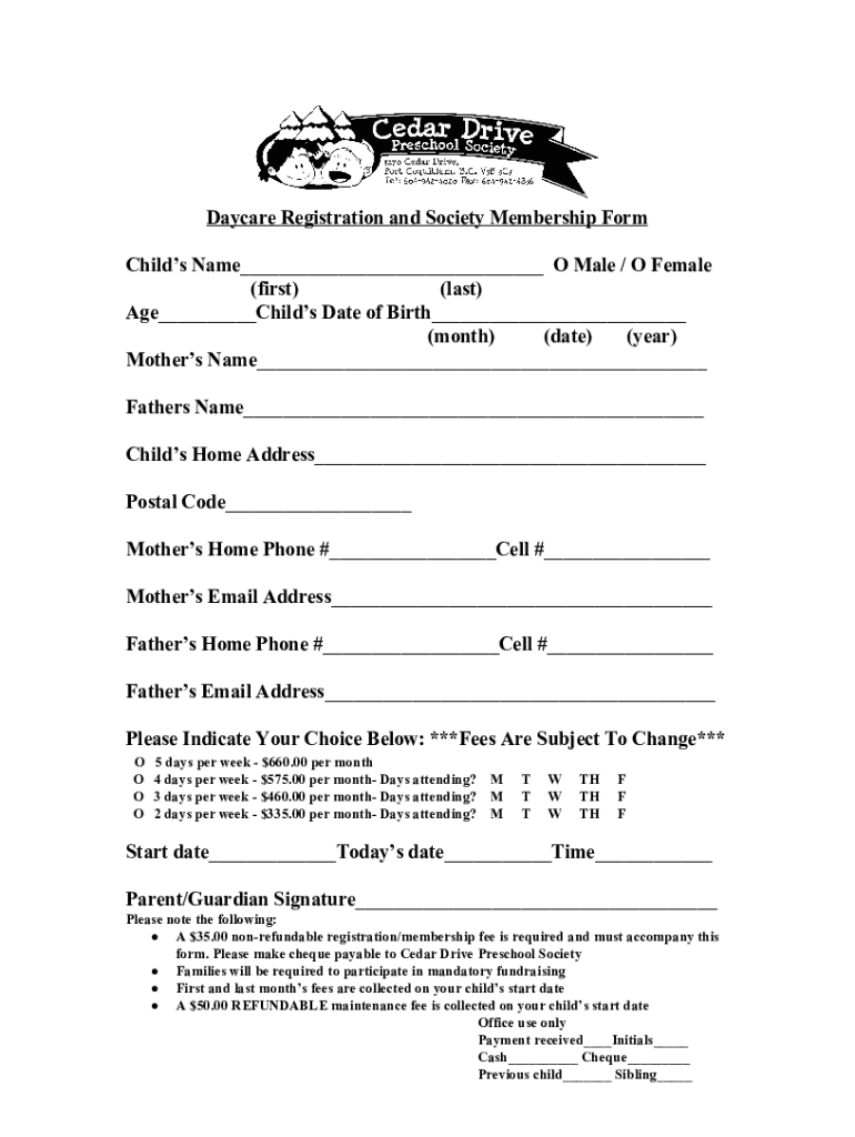 Fillable Online Daycare Registration and Society Membership Form Fax Email Print - pdfFiller