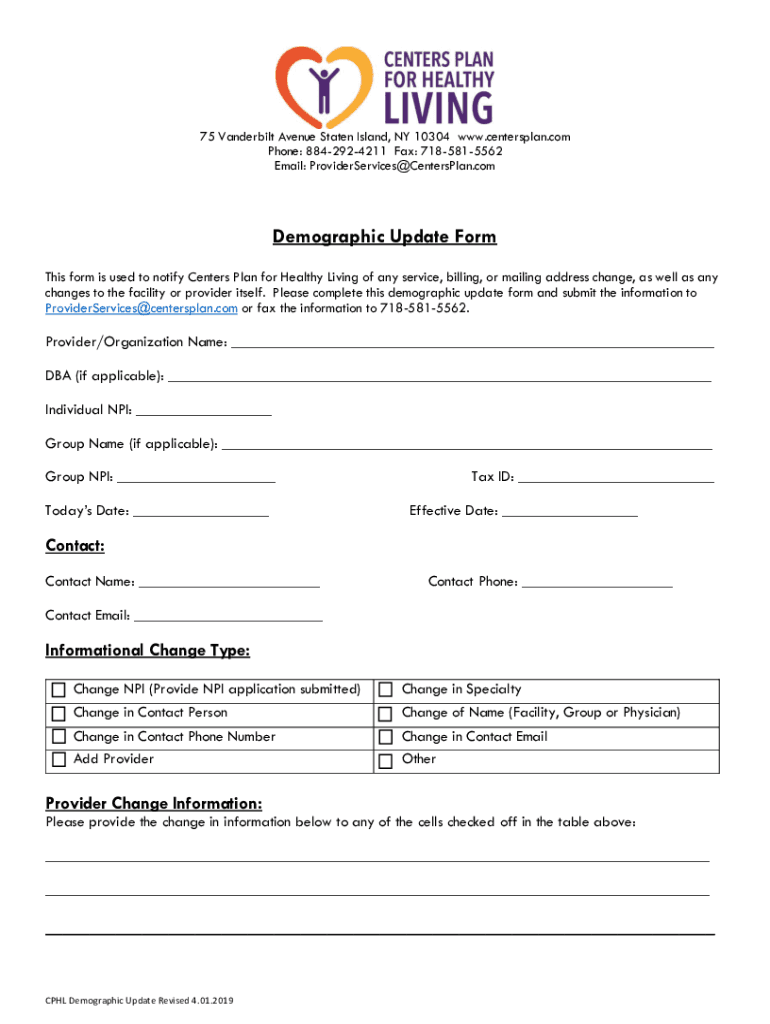 Fillable Online Demographic Update Form - Centers Plan for Healthy ...