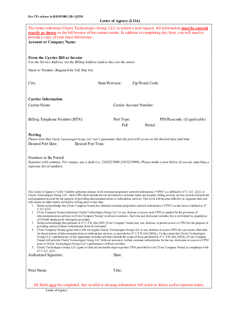Fillable Online For TFs release to RESPORG ID: QIT01 Letter of Agency ...