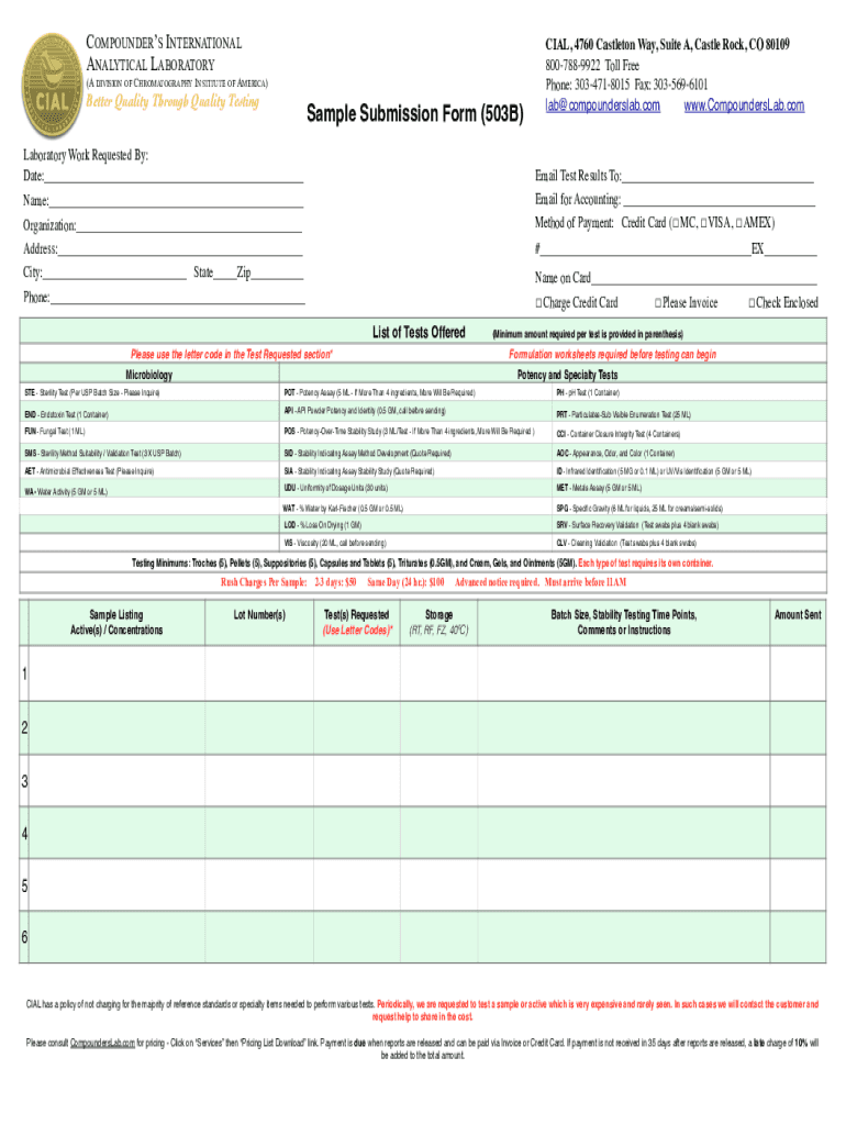 Fillable Online 12.11.19 Rev - 503B Sample Submission Form.pages Fax ...
