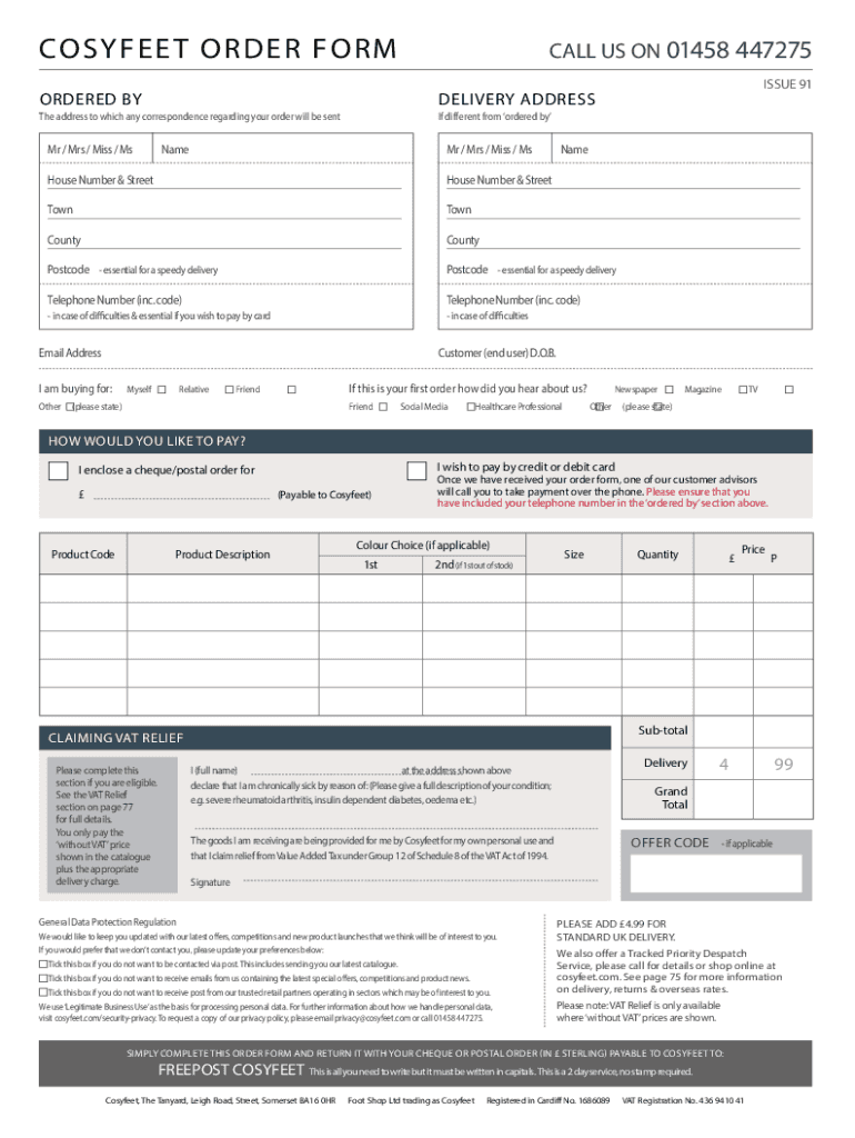 Fillable Online COSYFEET ORDER FORM CALL US ON 01458 447275Cosyfeet ...