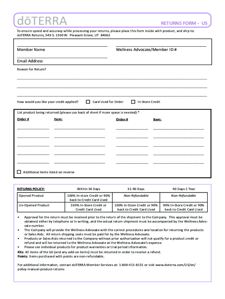 Fillable Online PDF RETURNS FORM - US RETURNS POLICY: - doTERRA Fax ...