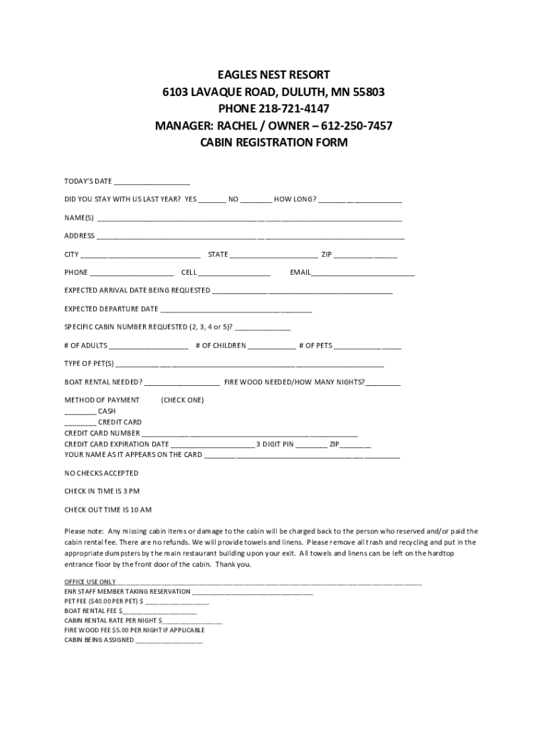 Fillable Online CABIN RENTAL FORM 10-7-19 Fax Email Print - pdfFiller