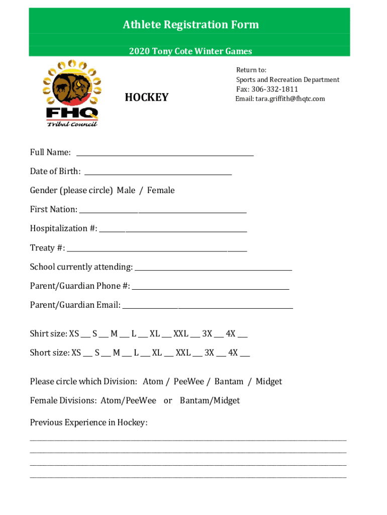Fillable Online Athlete Registration Form HOCKEY Fax Email Print ...