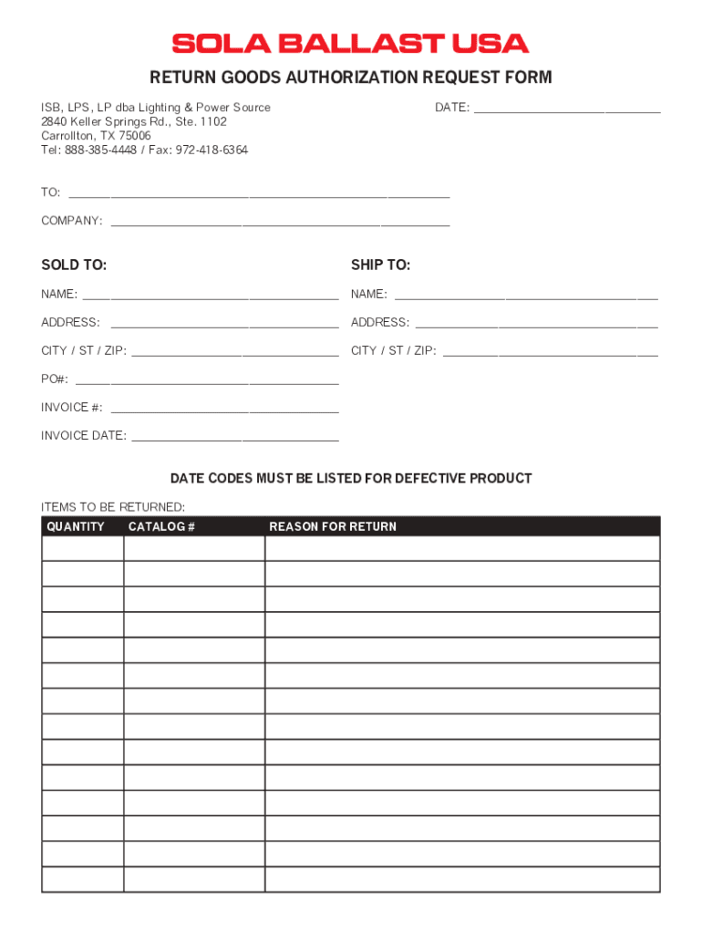 Fillable Online Fillable Online RETURN GOODS AUTHORIZATION REQUEST FORM ...