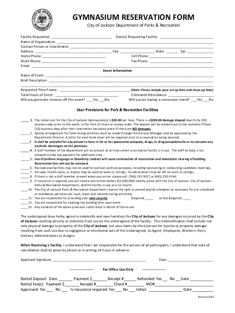 Fillable Online GYMNASIUM RESERVATION FORM Fax Email Print - pdfFiller