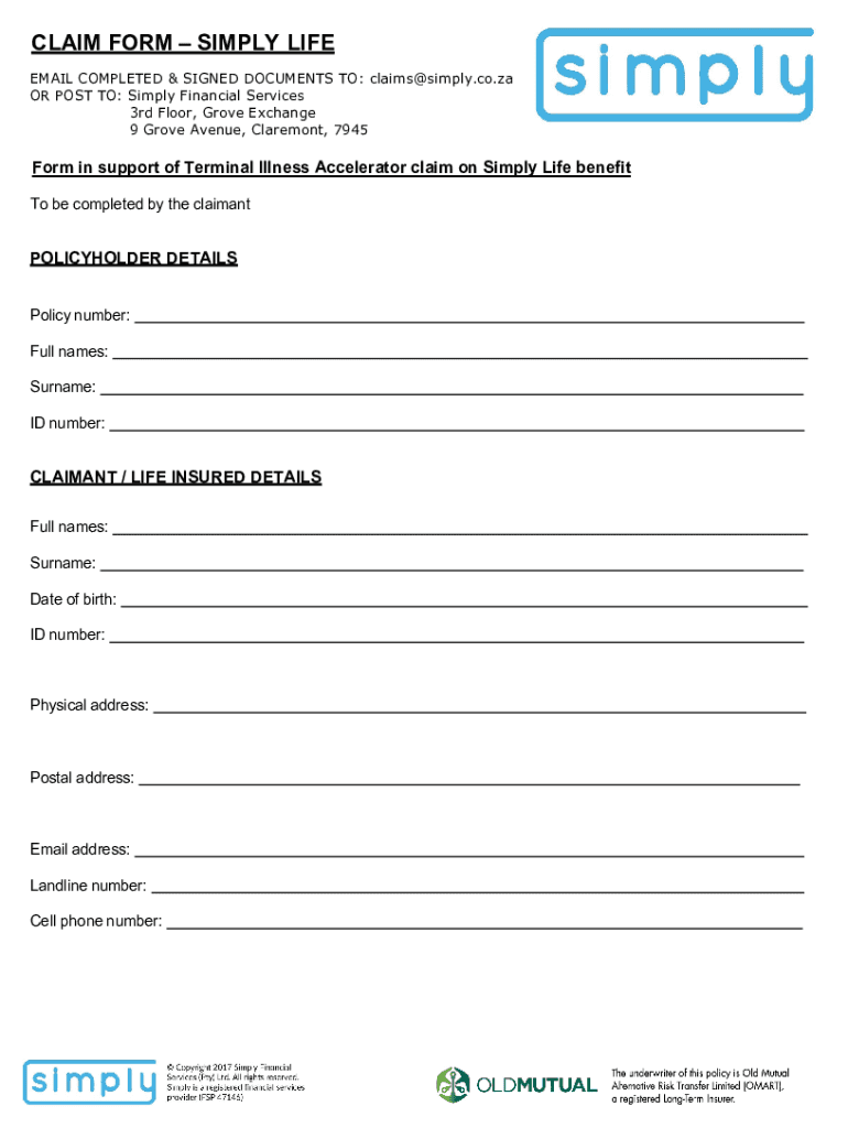 Fillable Online Simply claim form Terminal Illness Fax Email Print ...