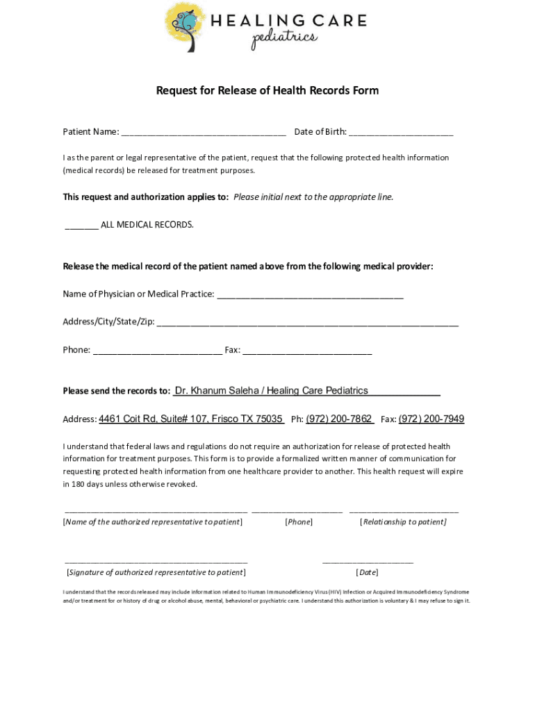 Fillable Online HEREBY REQUEST AND AUTHORIZE: TO RELEASE THE HEALTH ...
