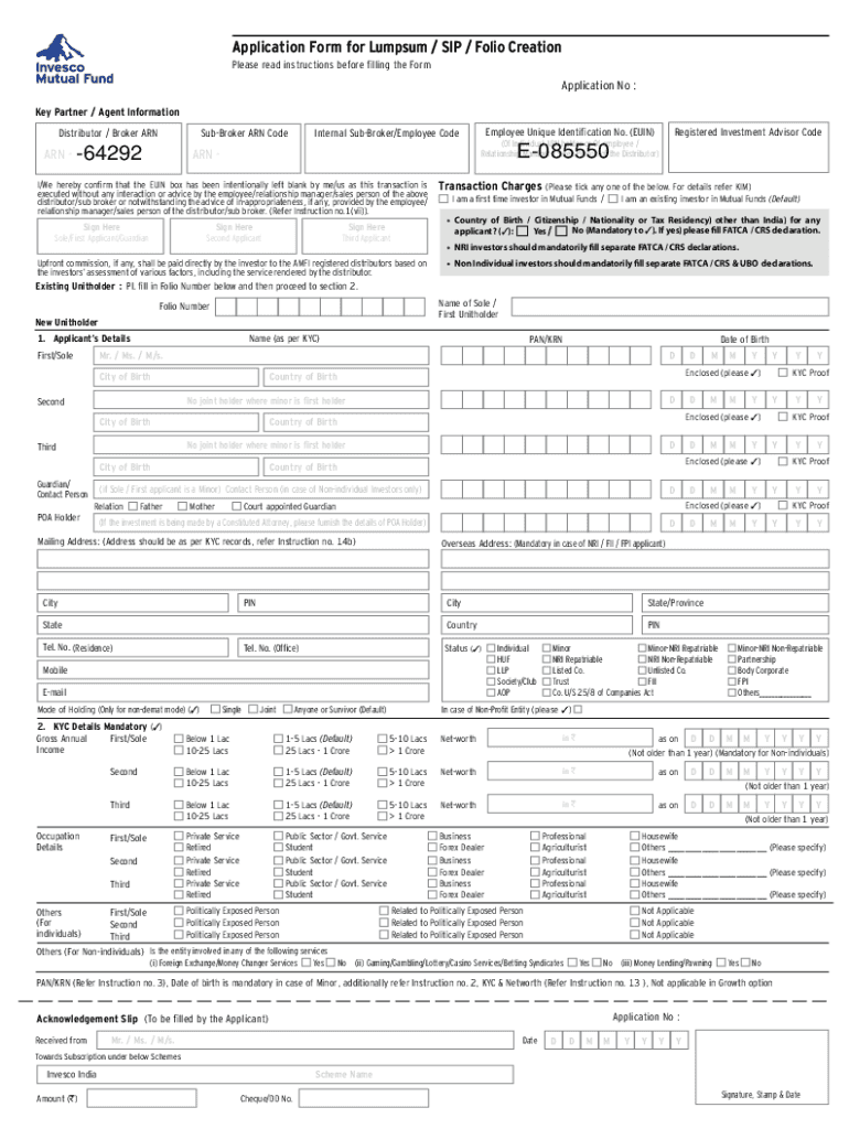 Fillable Online Fillable Online Application Form for Lumpsum / SIP / Folio ... Fax Email Print ...