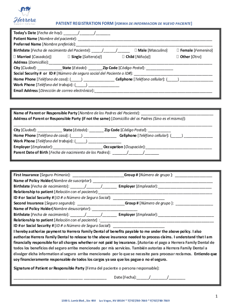 Fillable Online PATIENT REGISTRATION FORM FORMA DE INFORMACION DE NUEVO ...