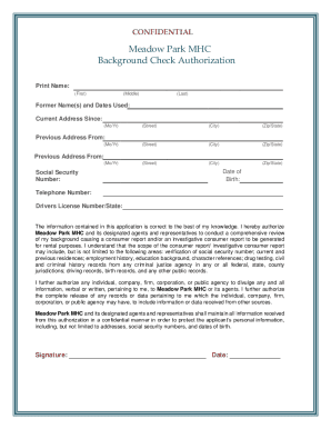 Fillable Online Meadow Park MHC Background Check Authorization Fax ...