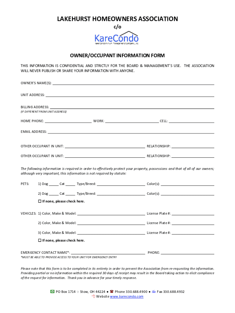 Fillable Online Lakehurst Village Homeowners Association ... - HOA ...