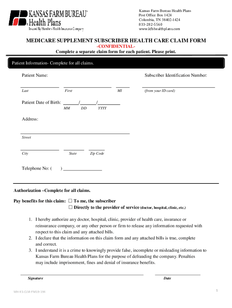 Fillable Online MEDICARE SUPPLEMENT SUBSCRIBER HEALTH CARE CLAIM FORM ...