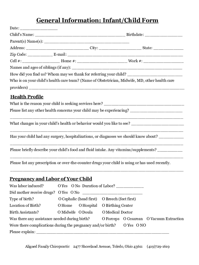 Fillable Online General Information: Infant/Child Form Fax Email Print ...