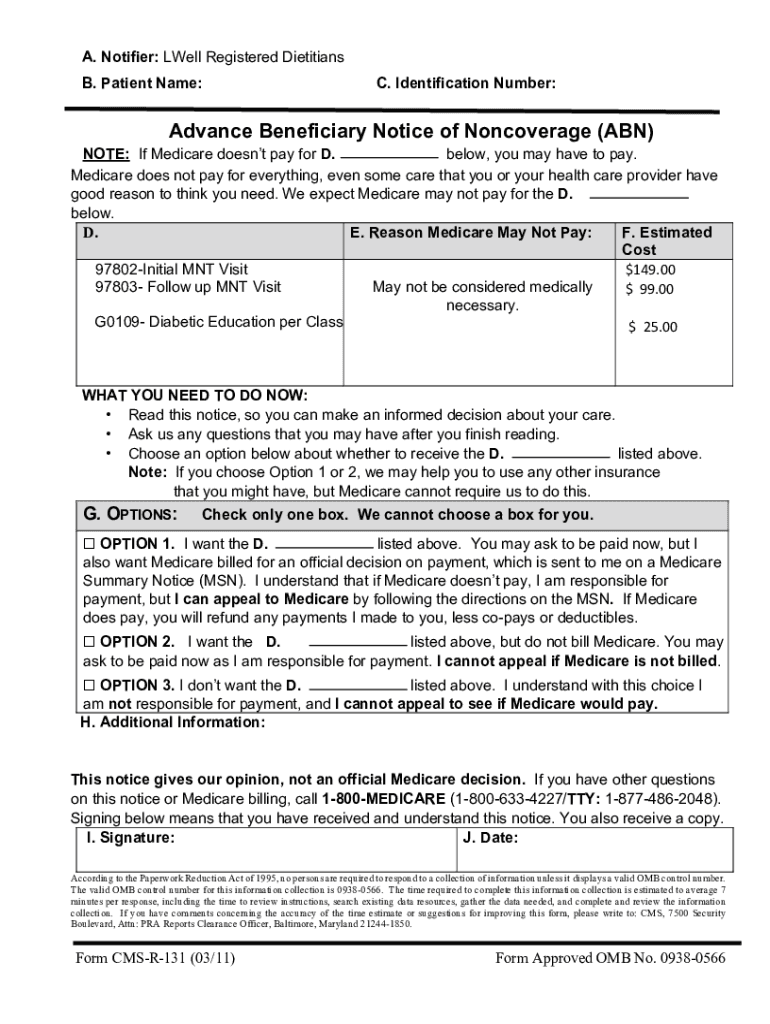 Fillable Online Form Instructions Advance Beneficiary Notice of ...